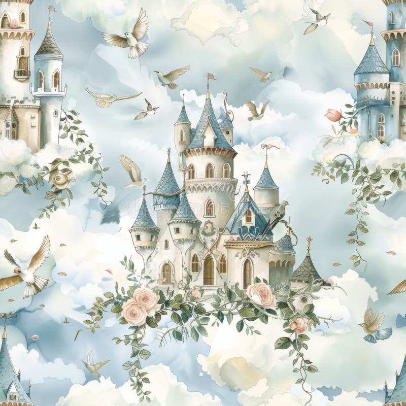 Enchanted Castle in the Clouds with Florals and Doves Stock Photo ...