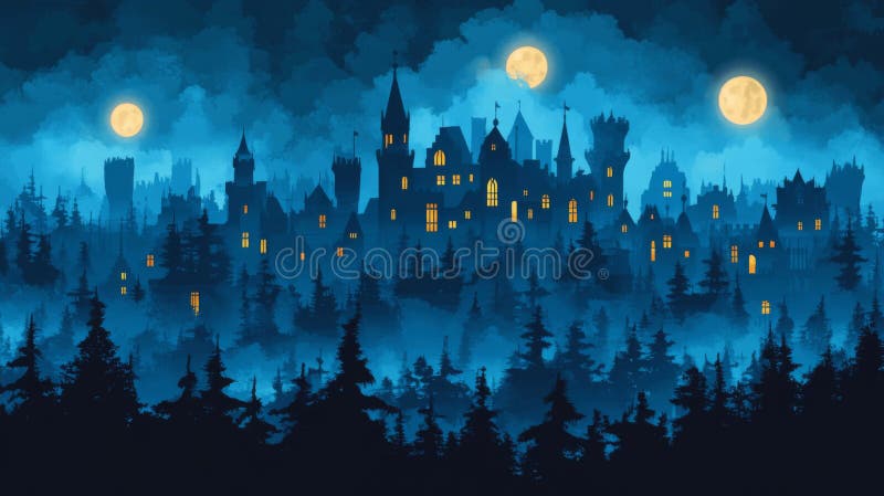 Enchanted Castle in a Dark Blue Forest at Night Stock Illustration ...