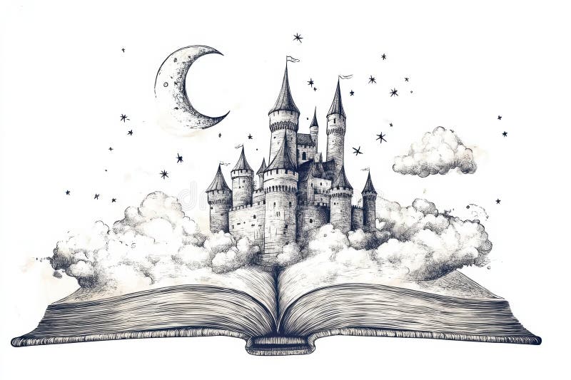 Enchanted Castle Emerging from an Open Book with Stars and Clouds Stock ...