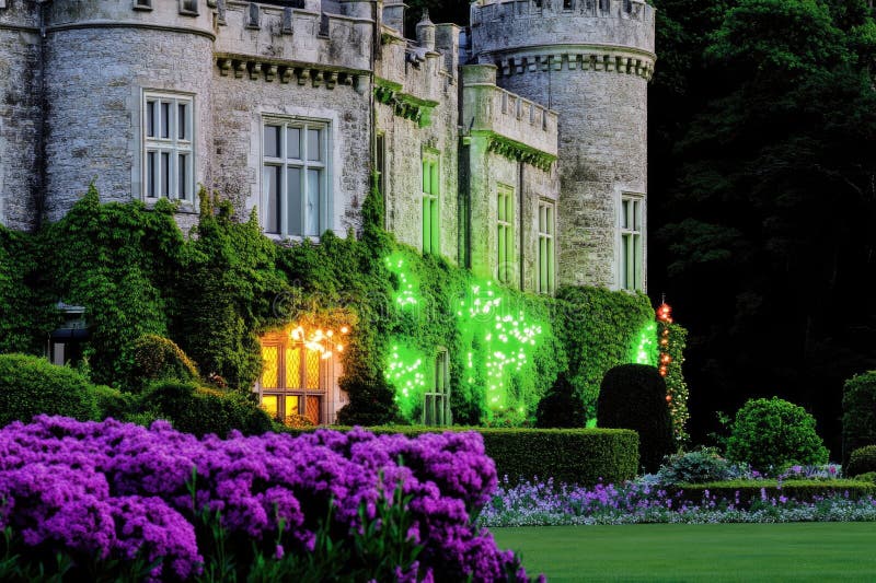 Enchanted Castle Exterior with Ivy and Illuminated Windows at Dusk ...