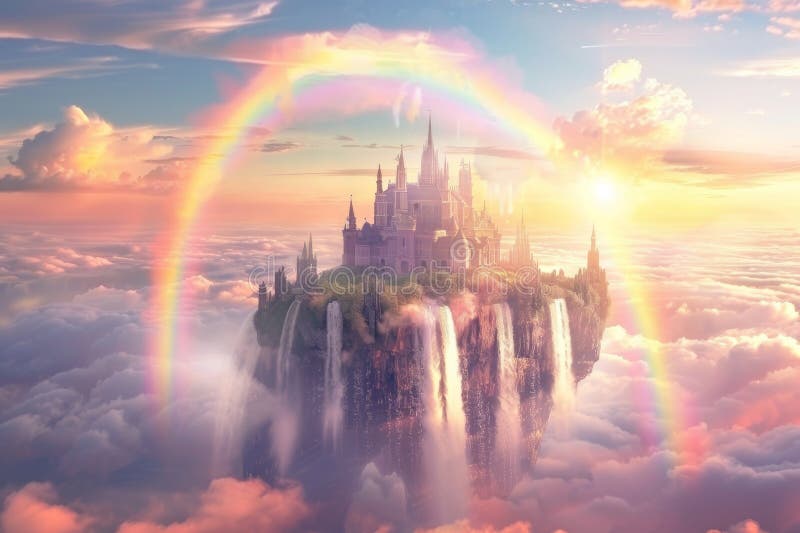 An Enchanted Castle Floating on a Cloud with Waterfalls Cascading Down ...