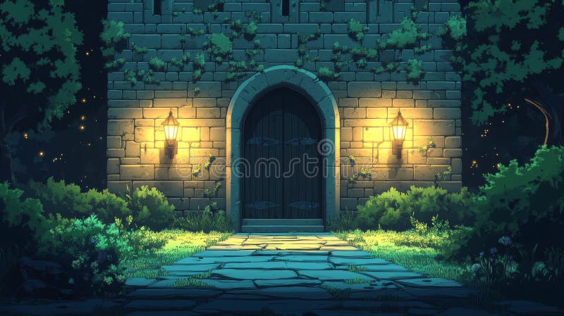 Enchanted Castle Gate at Night Stock Illustration - Illustration of ...
