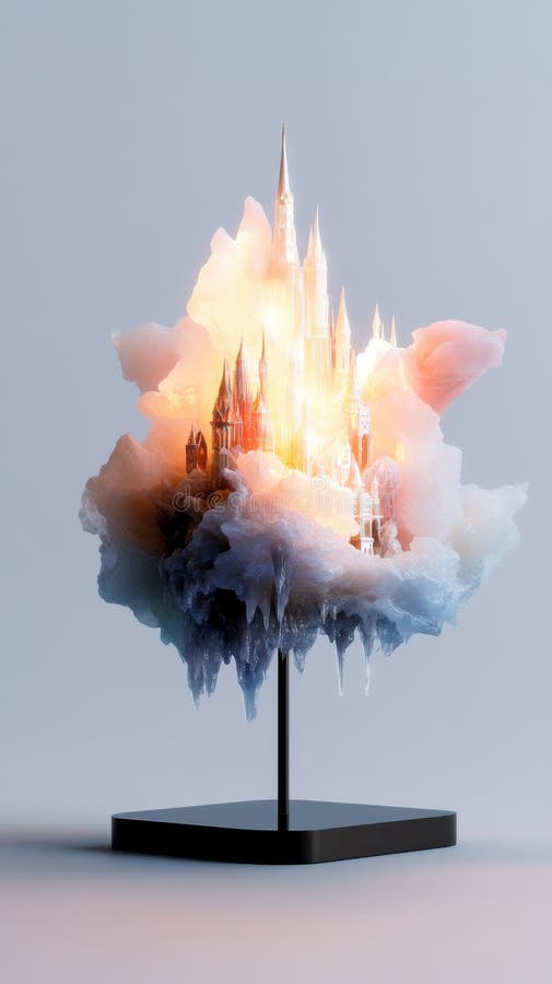 Enchanted Castle in Glowing Cloud on Stand with Soft Lighting and ...