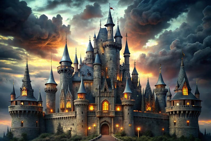 Enchanted Castle with Medieval Architecture and Glowing Windows at ...