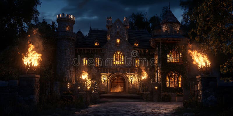 Enchanted Castle at Night Dark Fantasy Wallpaper Stock Illustration ...