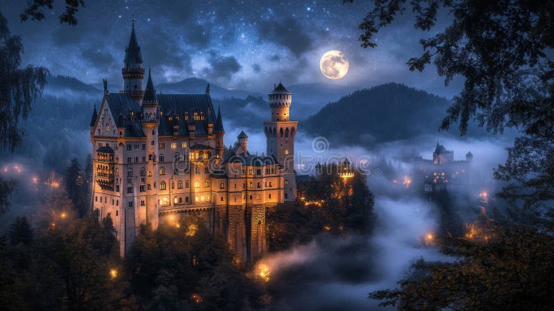 Enchanted Castle at Night Under a Full Moon Stock Illustration ...