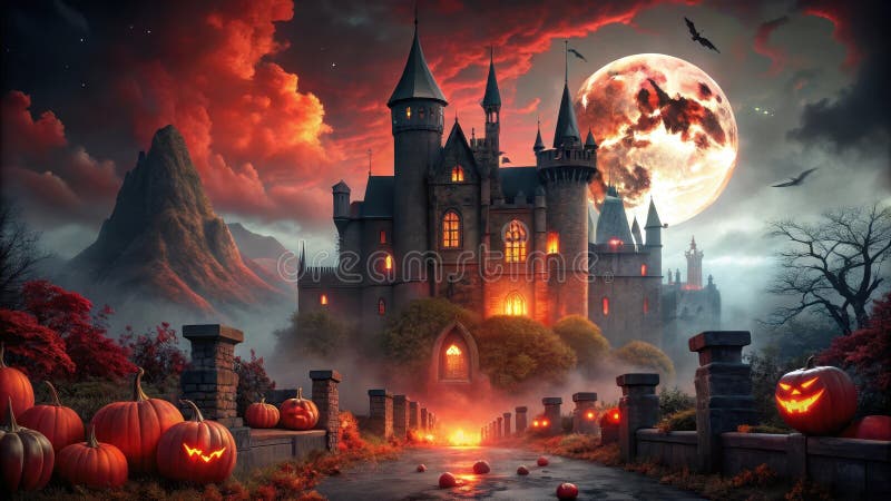 Enchanted Castle Path with Illuminated Jack-o -lanterns Under a Blood ...