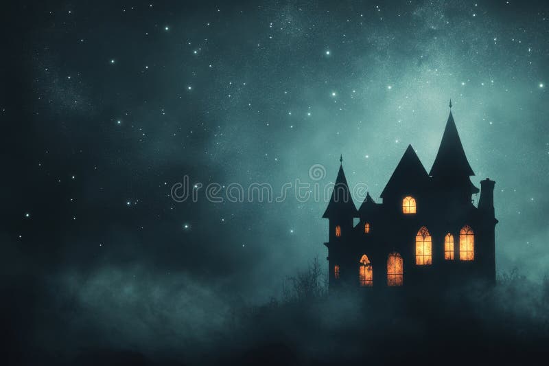 Enchanted Castle Silhouette Under Starry Night in Mysterious Fog. Stock ...