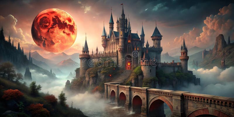 Enchanted Castle at Sunset with Blood Red Moon and Misty Valley ...