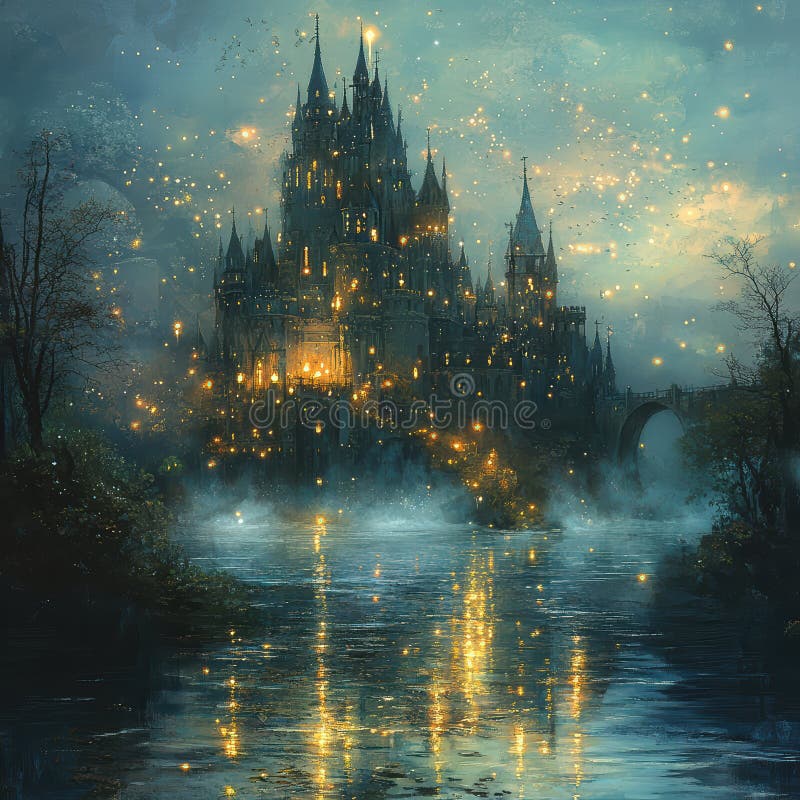 Enchanted Castle at Twilight with Stars and Misty River Reflection ...
