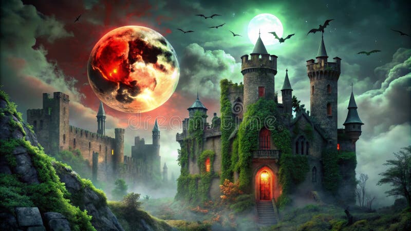 Enchanted Castle Under a Crimson and Green Moon. Generative AI Stock ...