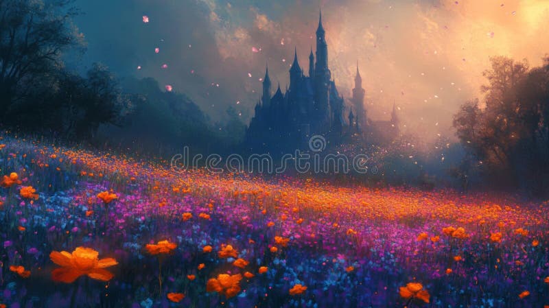 Enchanted Castle in a Vibrant Flower Field at Sunset Stock Illustration ...