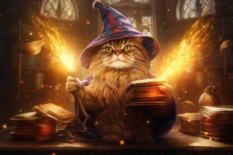 Magical Cat Wizard Casting Spells in Library Stock Illustration ...
