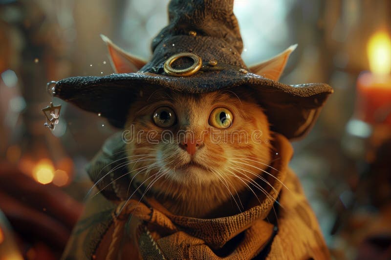 Enchanted Cat in Wizard Hat Stock Illustration - Illustration of animal ...