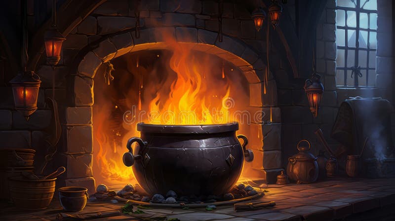 Enchanted Cauldron by the Fireplace: Mystical Wonders Unleashed Stock ...