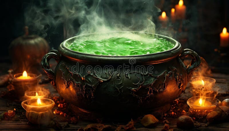 Enchanted Cauldron with Green Potion and Candles in Dark Setting Stock ...