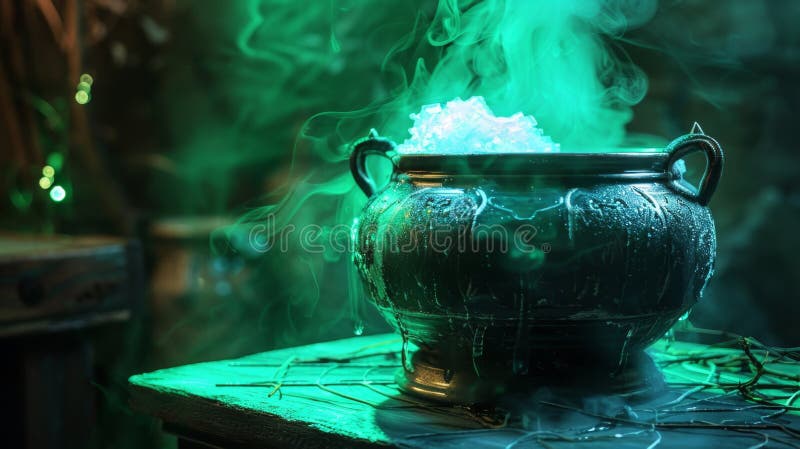 Enchanted Cauldron with Mysterious Green Smoke in Magical Setting Stock ...