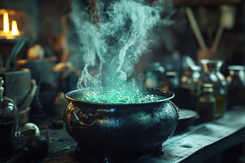 Enchanted Cauldron with Mystic Green Potion and Ethereal Smoke Stock ...