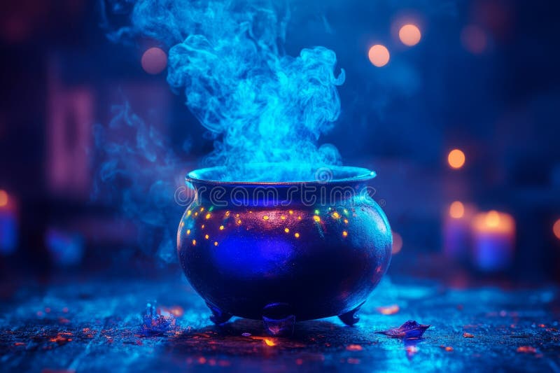 Enchanted Cauldron with Mystical Blue Smoke and Soft Lights Stock ...