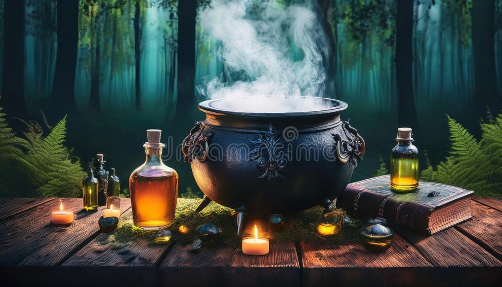 Enchanted Cauldron in Mystical Forest Setting Stock Illustration ...