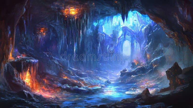 Enchanted Cave with Blue Ice and Orange Fire Stock Illustration ...