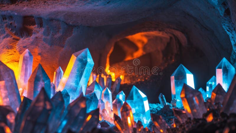 Enchanted Cave with Fiery Glow and Crystal Formations Stock Image ...