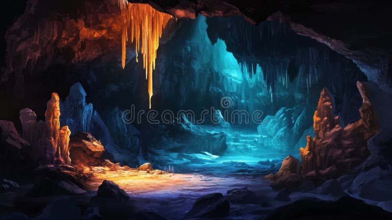 Enchanted Cave Interior with Blue and Orange Glow Stock Illustration ...
