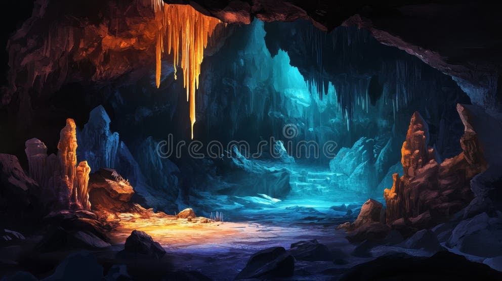 Enchanted Cave Interior with Blue and Orange Glow Stock Illustration ...
