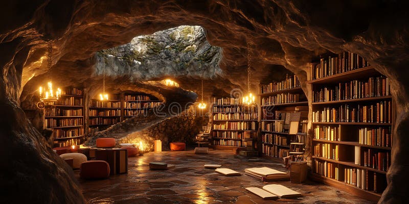 Enchanted Cave Library Fantasy Book Room Background Wallpaper Stock ...