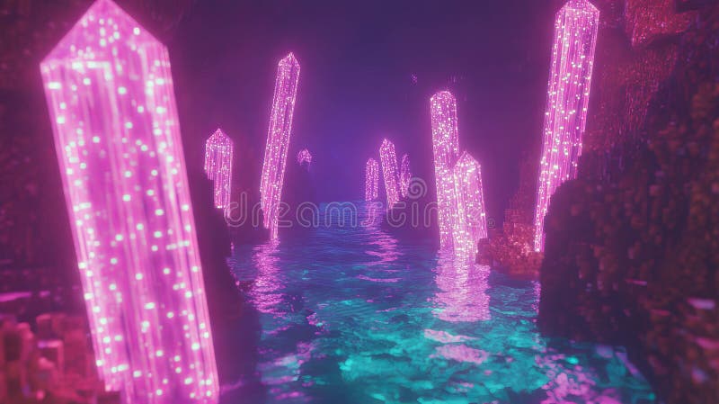 Enchanted Cave Path with Glowing Crystals and Reflective Water Stock ...