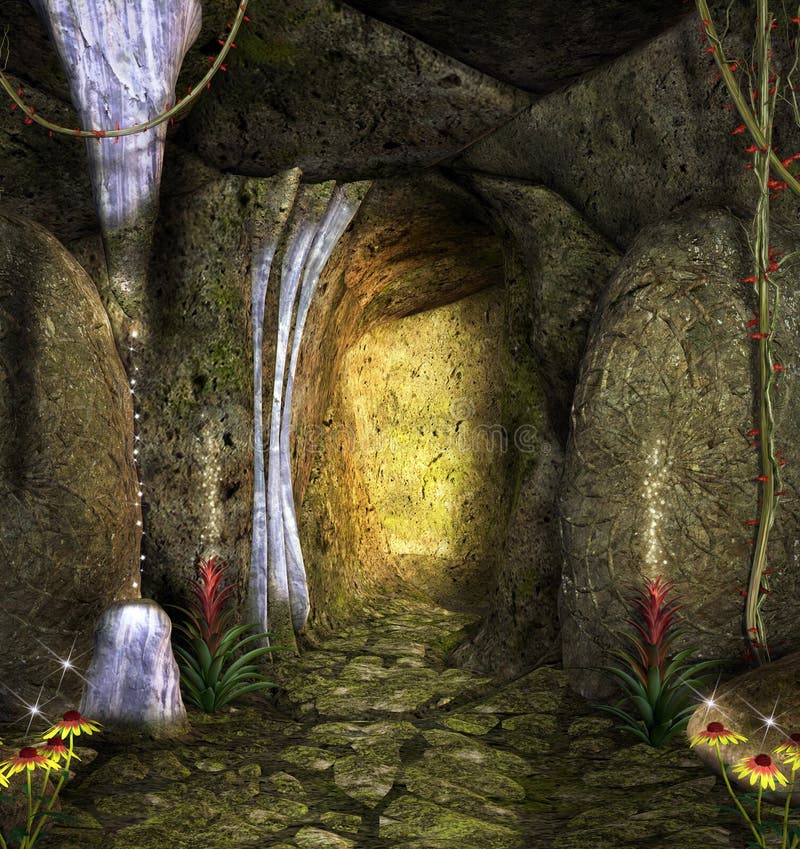 Enchanted Cave with Shining Lights Stock Illustration - Illustration of ...