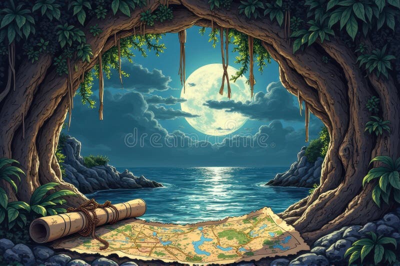 Enchanted Cave View of Full Moon Over Ocean with Treasure Map and Lush ...