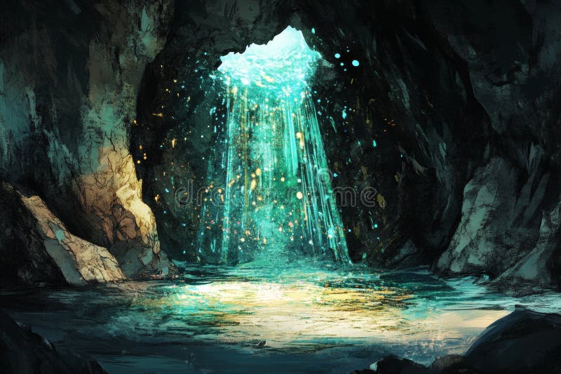 Enchanted Cave Waterfall , Mystical Nature Scene Stock Illustration ...