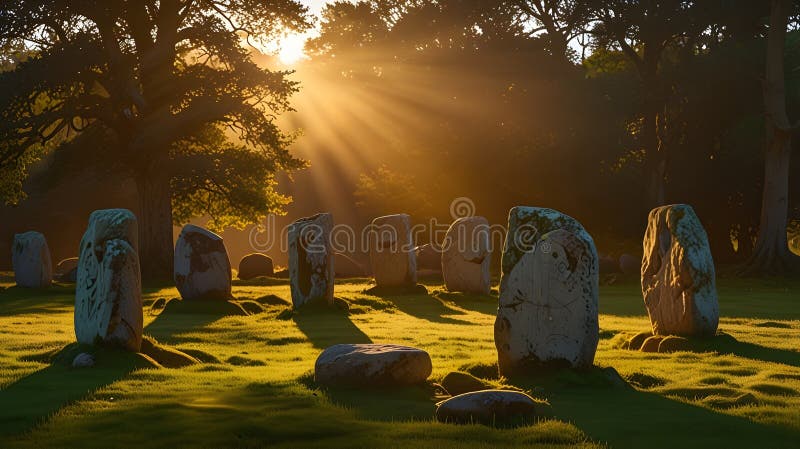 Enchanted Celtic Stone Circle Bathed in Golden Sunset Light Stock ...