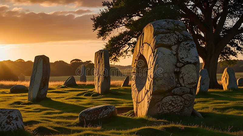 Enchanted Celtic Stone Circle Bathed in Golden Sunset Light Stock ...