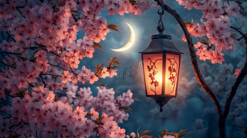 Enchanted Cherry Blossom Garden at Night with Glowing Lantern and Crescent Moon Stock ...