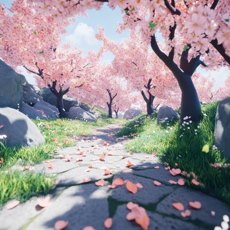 Enchanted Cherry Blossom Pathway Stock Illustration - Illustration of ...
