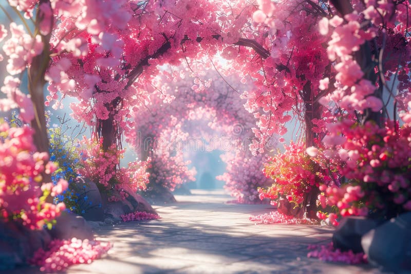 Enchanted Cherry Blossom Pathway in Sunlight. Stock Image - Image of ...