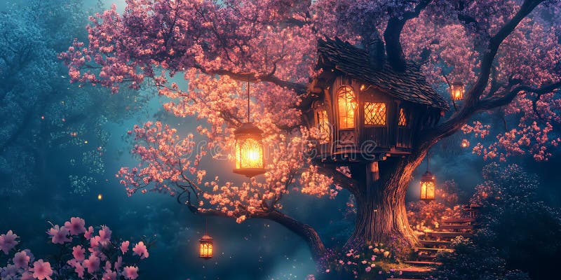 Enchanted Cherry Blossom Tree Magical Fantasy Art Wallpaper Stock ...