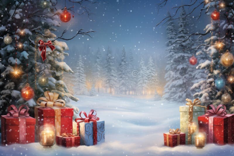 Enchanted Christmas Banner Festive Decorations and Christmas Gift Boxes ...