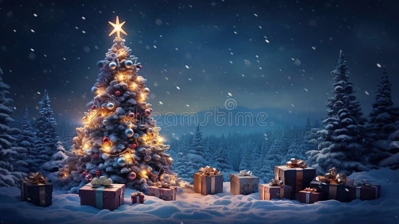 Enchanted Christmas Night: Magical Scene with Illuminated Christmas ...