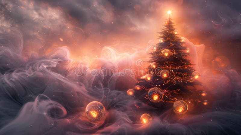 Enchanted Christmas Tree Glowing in Mystical Fog Stock Photo - Image of ...