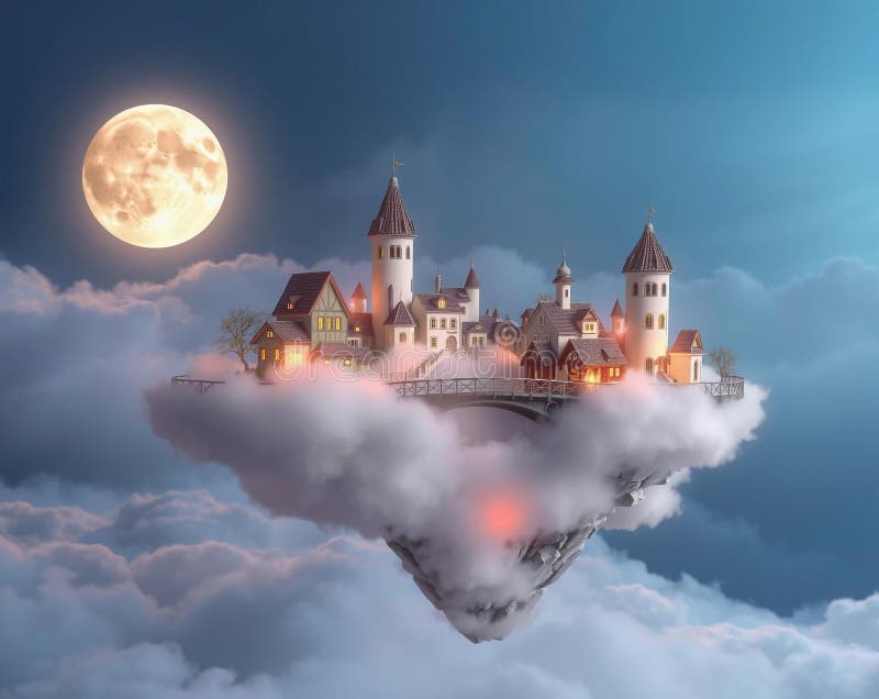 Enchanted Cloud Castle Under a Celestial Moonlit Sky Stock Photo ...
