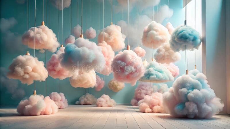 Enchanted Cloud Lightscape a Dreamlike Interior Design Featuring Suspended Pastel Clouds with ...