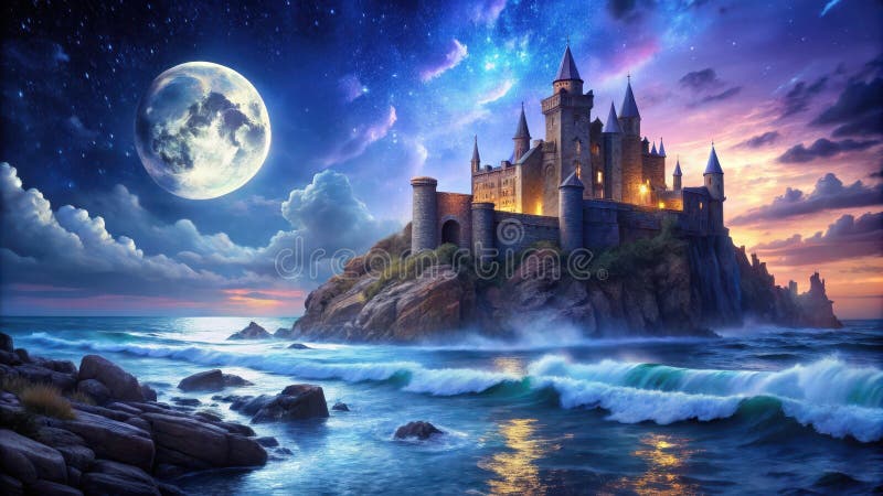 Enchanted Coastal Castle Under a Full Moon S Glow. Generative AI Stock ...