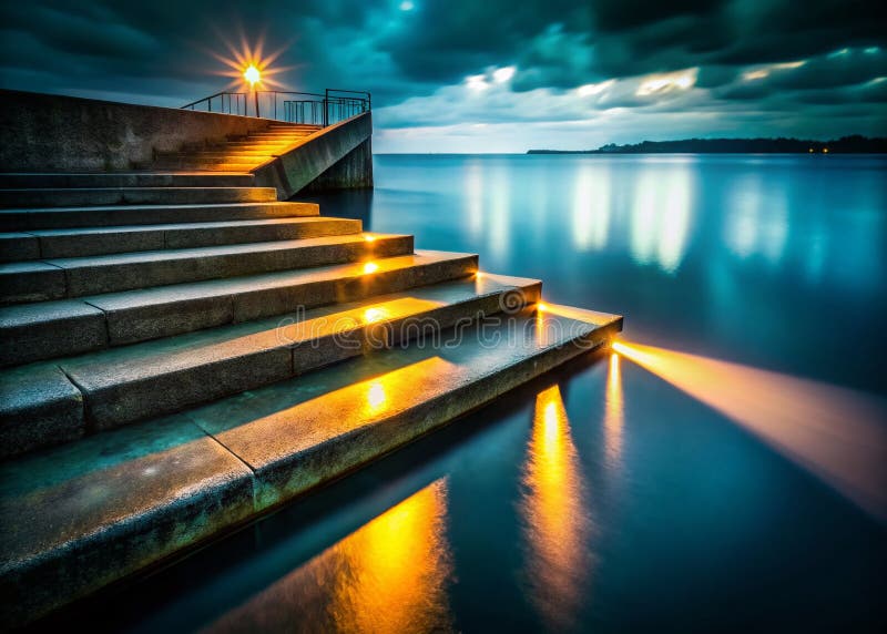 Enchanted Coastal Steps Dramatic Nighttime Scene of Illuminated ...