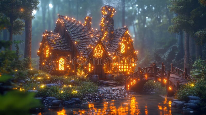 Enchanted Cottage in a Dark Forest at Night Stock Illustration ...