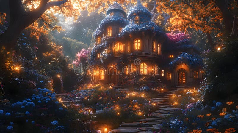 Enchanted Cottage in a Floral Forest Stock Illustration - Illustration ...