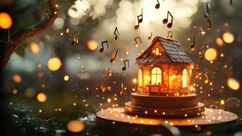 Enchanted Cottage with Glowing Lights and Falling Musical Notes Stock ...