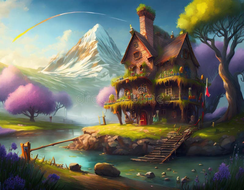 Enchanted Cottage by the Lake with Mountain View Stock Illustration ...